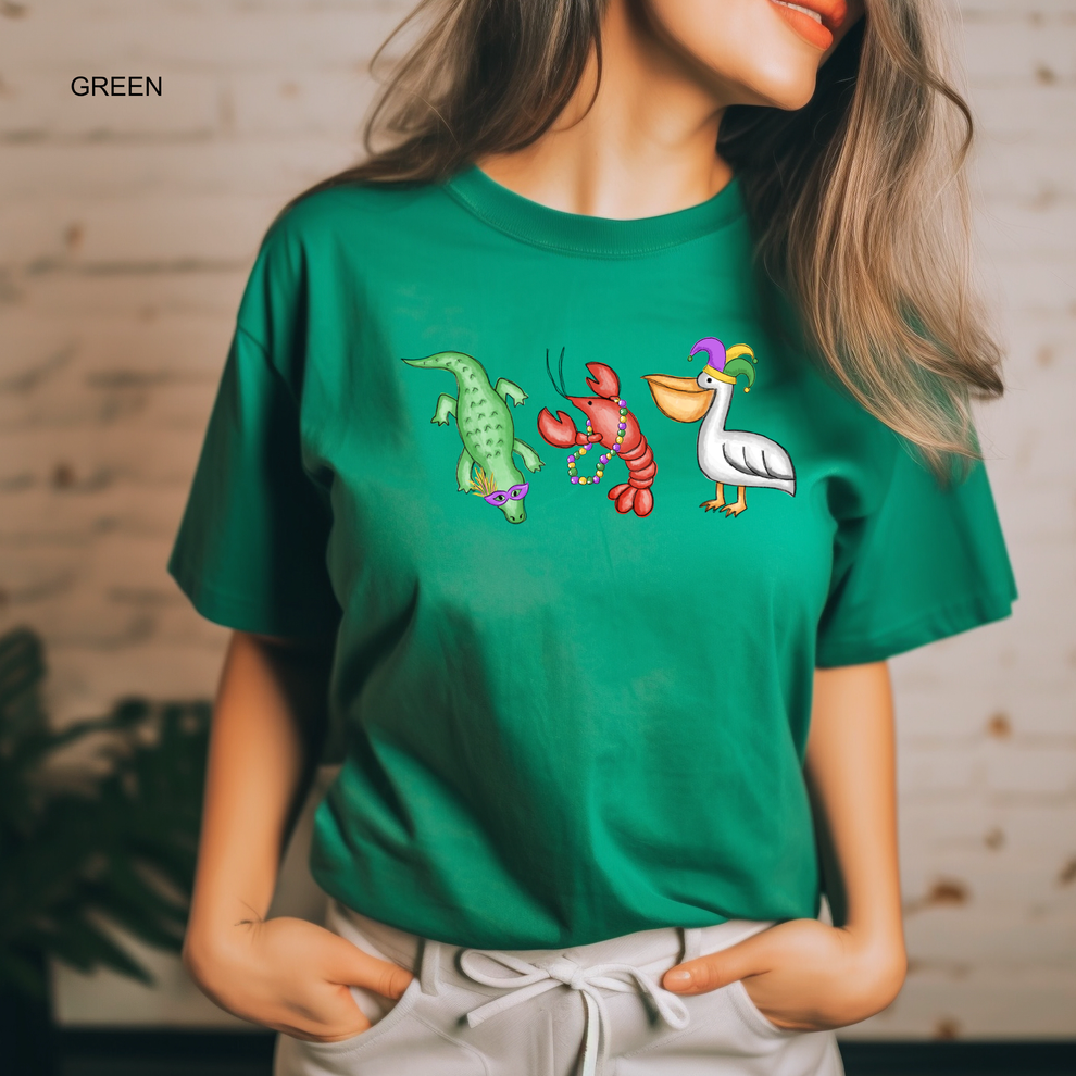 Water Colored Cajun Trio Mardi Gras Graphic Tee at The Twisted Hippo